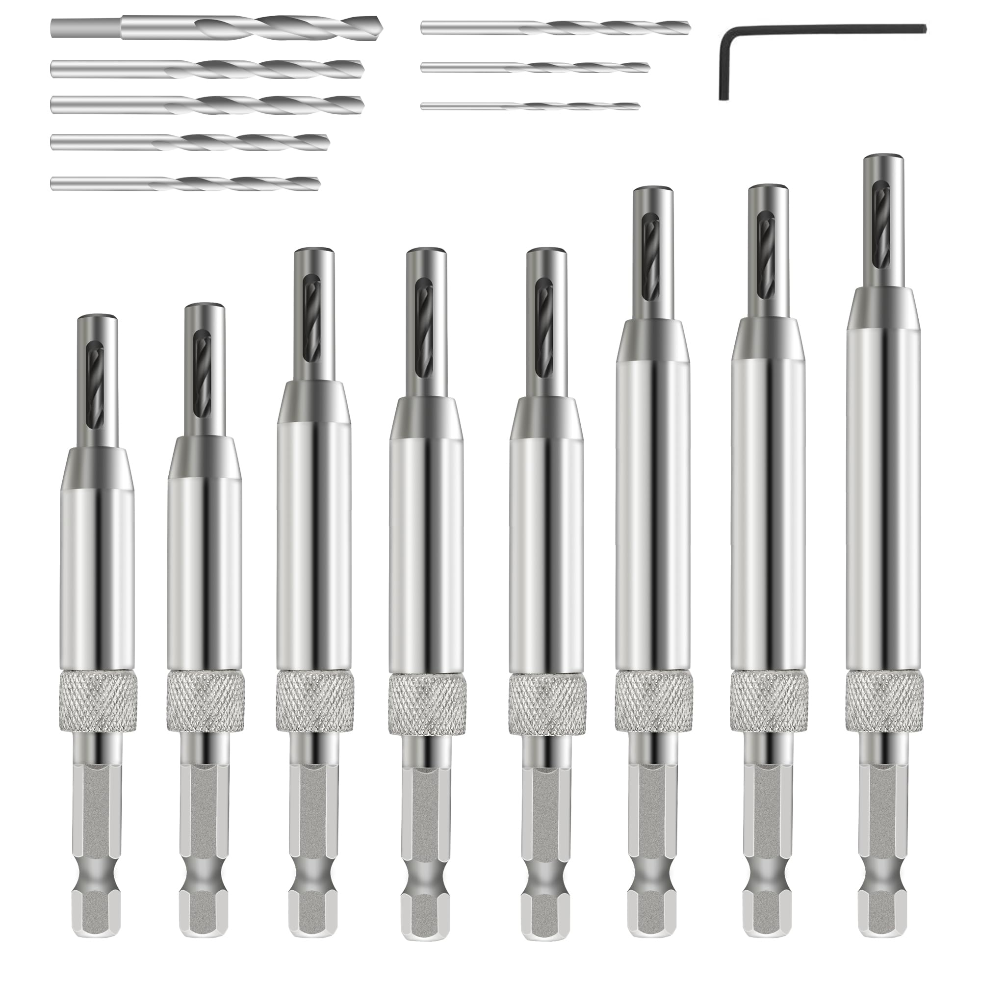 GMTOOLS 17pcs VIX Bits Self Centering Drill Bit Set, 1/4" Hex Shank Self Centering Hinge Tapper Core Drill Bit Set for Woodworking Window Door Hinge with 1 Hex Key & 8 Drill Bits 5/64"-1/4"