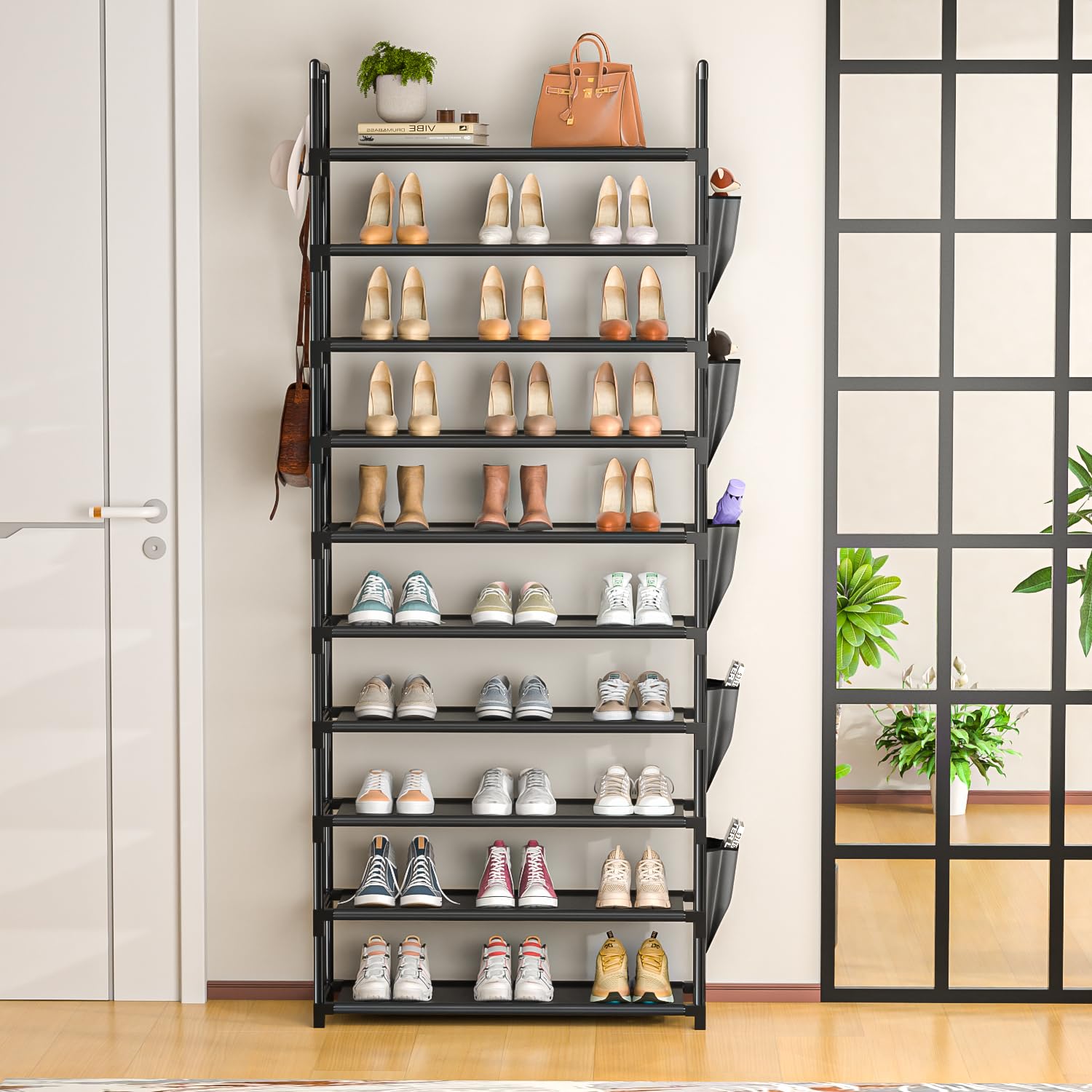 LUKYTOWER Tall Shoe Rack 10 Tier Shoe Organizer Racks for Closet Shoes Rack, Storage Metal Shoe Shelf with 5Hooks and Pocket,Sturdy Shoe Stand Tower Rack for Shoes