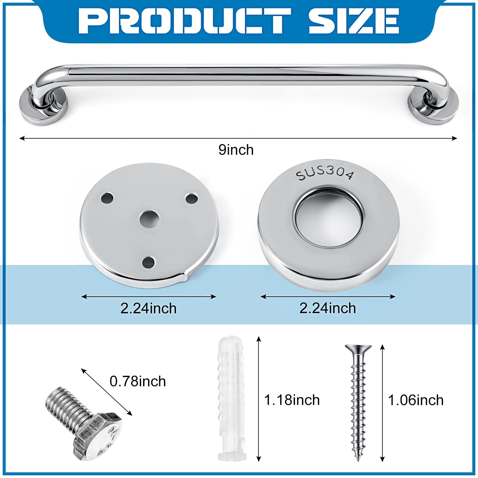 Blulu 2 Set Shower Grab Bar Stainless Steel Bathroom Grab Bar Handle Anti Slip Heavy Duty Bathtub Handle Support Balance Hand Rails for Bathroom Elderly Handicap Senior Pregnant (9 Inch)