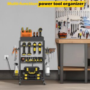 melos Power Tool Organizer Cart, Garage 4 Drill Shelf Rack, Power Tool Organizer with Charging Station, Tools organizer cart with wheels, Tool Box Utility Cart for Mechanic, Black