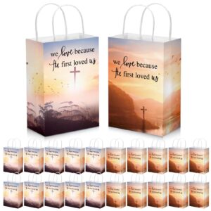 zhanmai 50 pcs christian gift bags with handles 5.91 x 3.15 x 8.27 inches church welcome bags we love because he first loved us religious paper gift bags for thanksgiving christmas church baptism