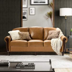 hulala home genuine leather sofa 3-seater couch traditional living room sofa with carved solid wood legs, camel