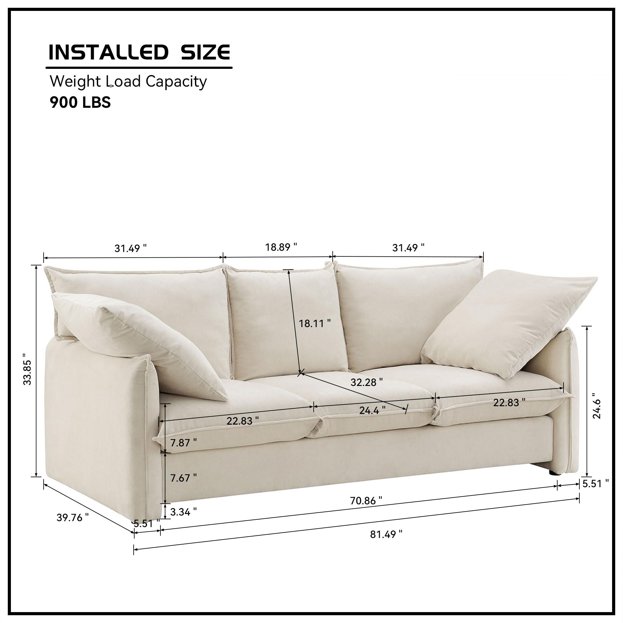 DREAMODERN Sectional Sofa Couch for Living Room, 81.49" Wide Mid-Century Back Upholstered Sofa Couch with 2 Pillows, 3-seat Deep Seat Couch for Apartment, Office - Beige