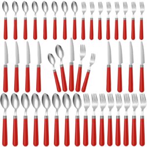 sabary 40 pcs handle silverware stainless steel sets for 8 flatware cutlery with colored handles 8 dinner knife, 8 dinner fork, 8 salad fork, 8 dinner spoon, 8 dessert spoon for home(red)