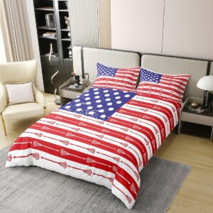 100% Nature Cotton Boys Sports Theme Duvet Cover,Hand Draw Lacrosse Sticks Ball Bedding Set for Beedroom Decor,Retro American Flag Blue Red White All Season Bedding with Zipper Closure Queen Size