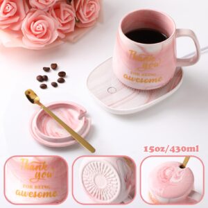 Nitial Thank You Coffee Warmer with Mug Set for Women Pink Marble Mug Warming Plate Employee Appreciation Gifts Birthday Gift Valentine's Day Gifts for Coworker Volunteer Teacher