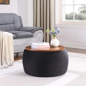 morden fort ottoman round storage coffee table with wooden lid for living room, circle 26" ottoman, black