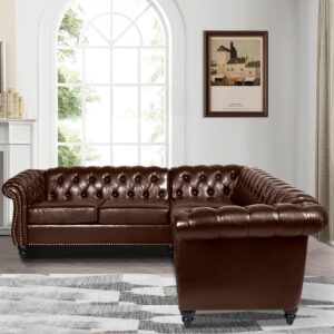 L Shaped Small Sectional Sofa, Chesterfield Leather Couch Tufted Accent Sofa with Scroll Arms and Nailhead for Living Room, Office (Dark Brown)