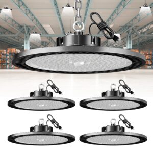 elekico ufo led high bay light, 250w 4 pack 35000lm 5000k daylight 100-277v led shop light with 5' cable 3-pin plug hook safe rope, led garage light for warehouse workshop barn garage