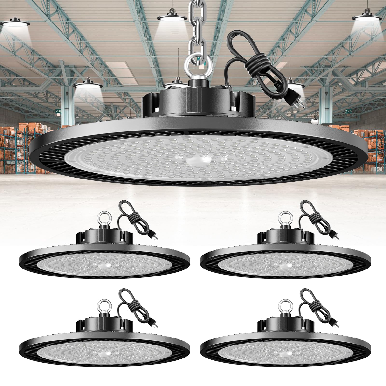 ELEKICO UFO Led High Bay Light, 250W 4 Pack 35000lm 5000k Daylight 100-277v Led Shop Light with 5' Cable 3-Pin Plug Hook Safe Rope, Led Garage Light for Warehouse Workshop Barn Garage