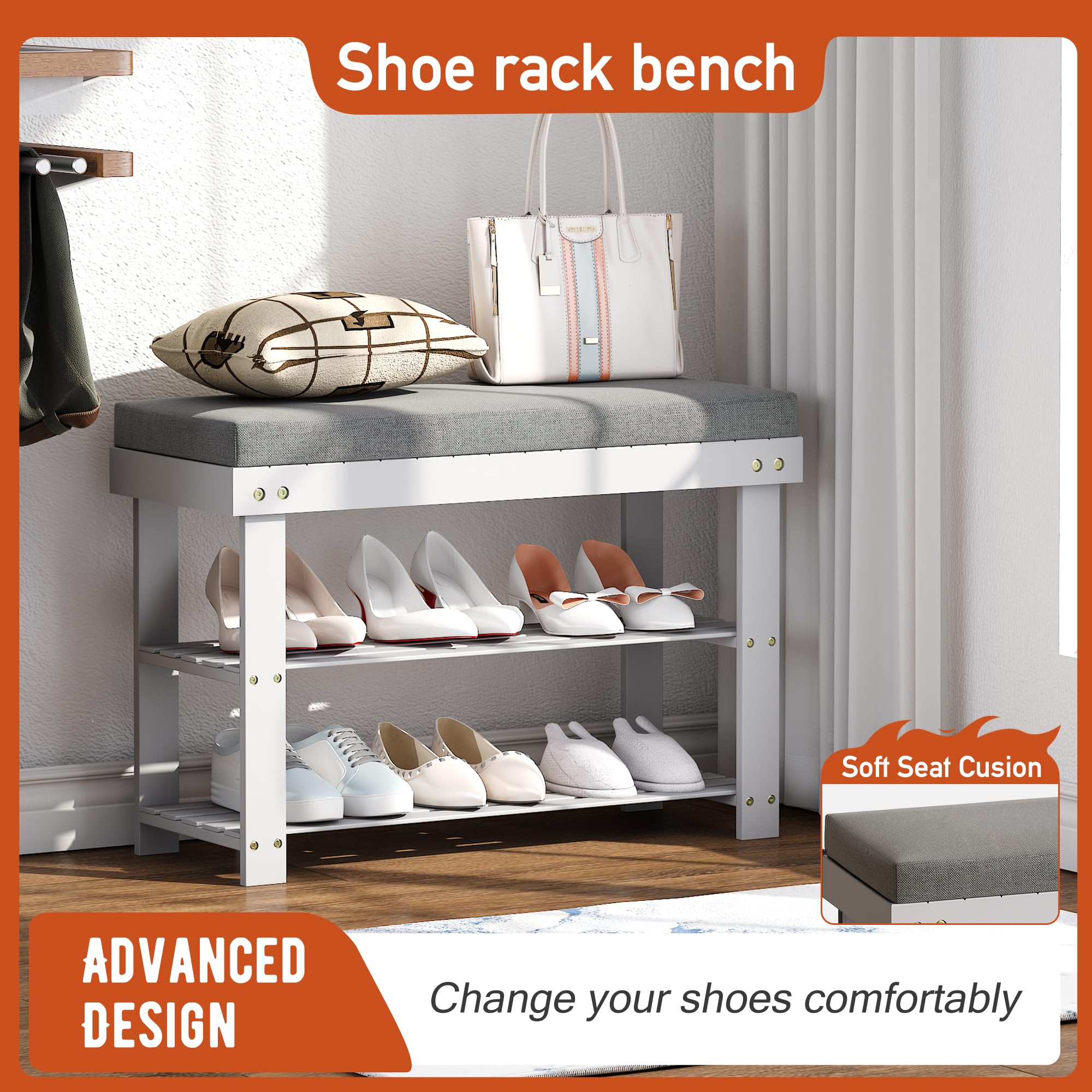 GHWIE Bamboo Shoe Rack Bench,Storage Organizer with Padded seat,3-Tier Shoe Rack for Entryway(Grey)