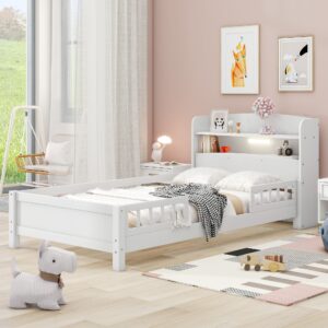 harper & bright designs kids twin bed with storage headboard and guardrail, wood twin platform bed frame with built-in led light, for girls boys (twin size, white)