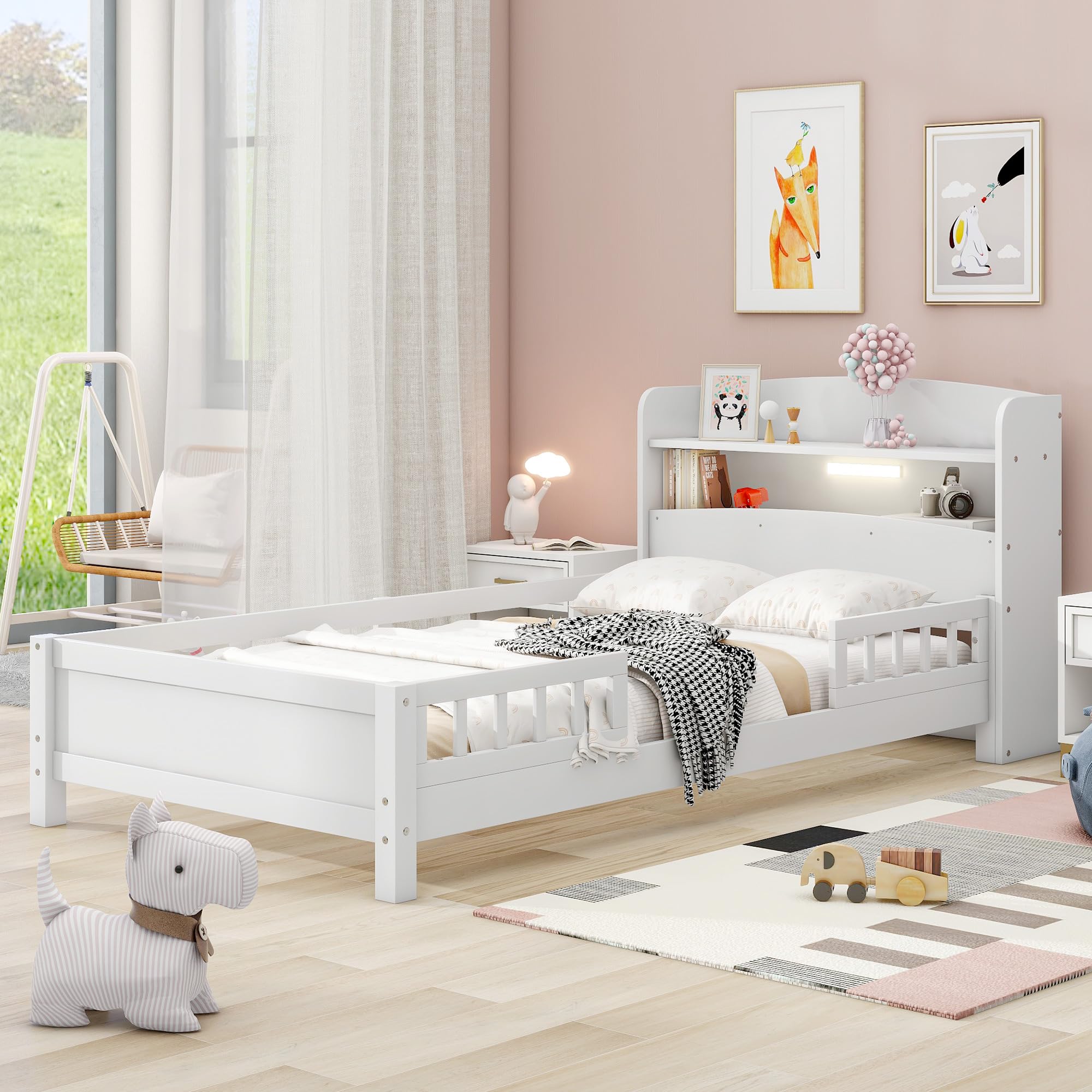 Harper & Bright Designs Kids Twin Bed with Storage Headboard and Guardrail, Wood Twin Platform Bed Frame with Built-in LED Light, for Girls Boys (Twin Size, White)