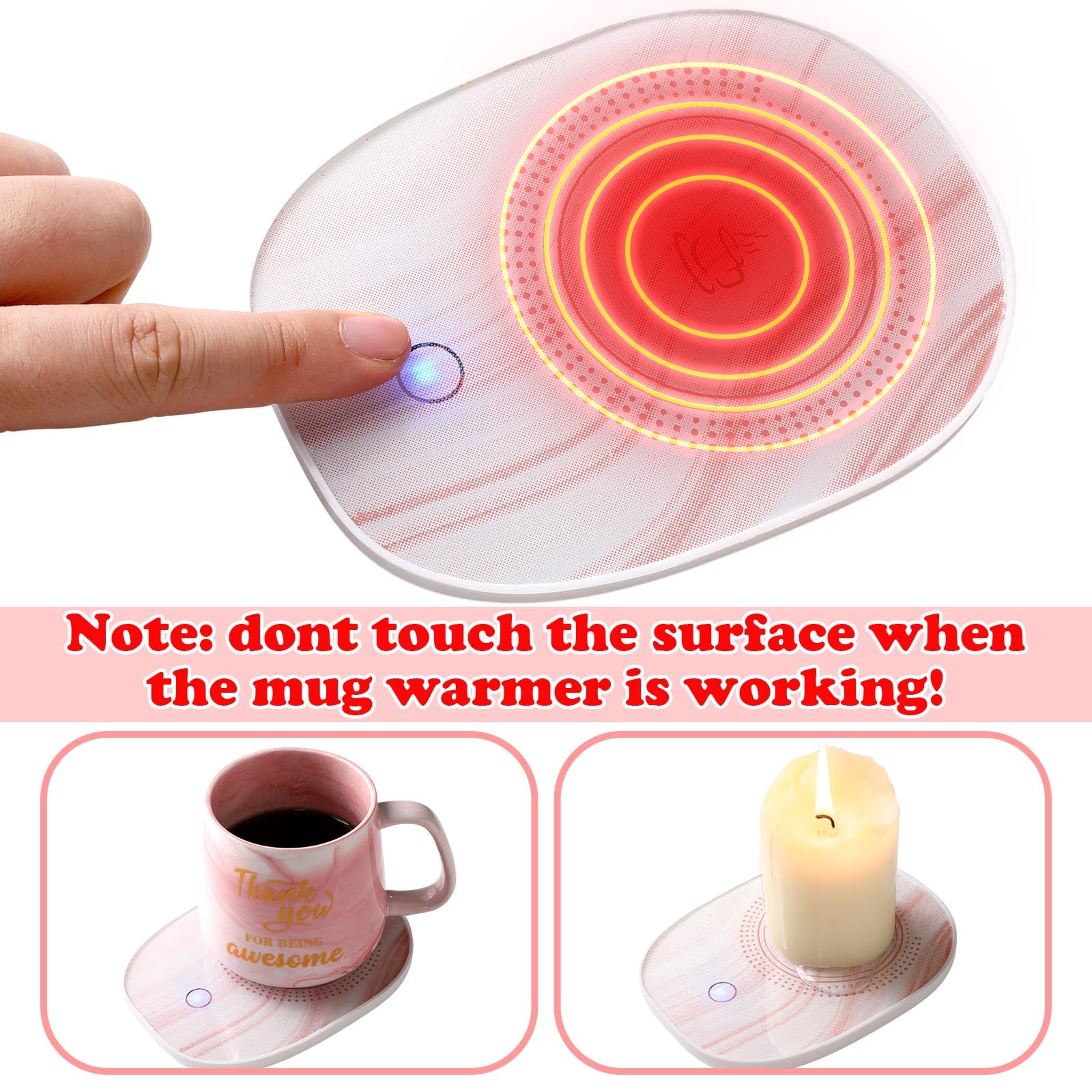 Nitial Thank You Coffee Warmer with Mug Set for Women Pink Marble Mug Warming Plate Employee Appreciation Gifts Birthday Gift Valentine's Day Gifts for Coworker Volunteer Teacher