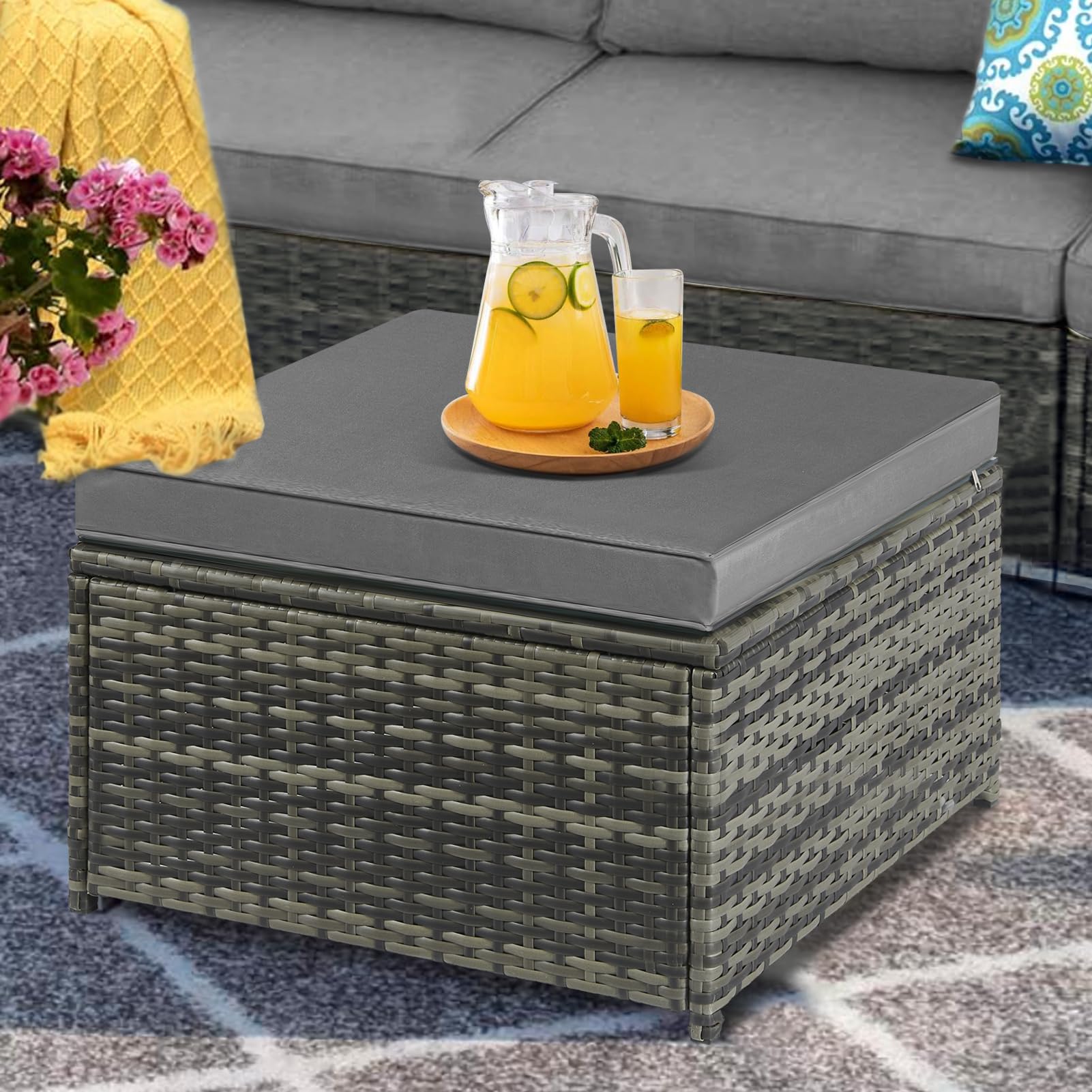 YIYAN Outdoor Patio Ottoman PE Rattan Footstool All Weather Outdoor, Wicker Rattan Outdoor Ottomans Footrest Seat with Removable Cushion(Gray)