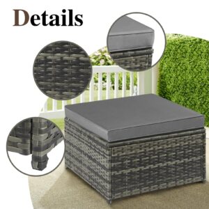 YIYAN Outdoor Patio Ottoman PE Rattan Footstool All Weather Outdoor, Wicker Rattan Outdoor Ottomans Footrest Seat with Removable Cushion(Gray)