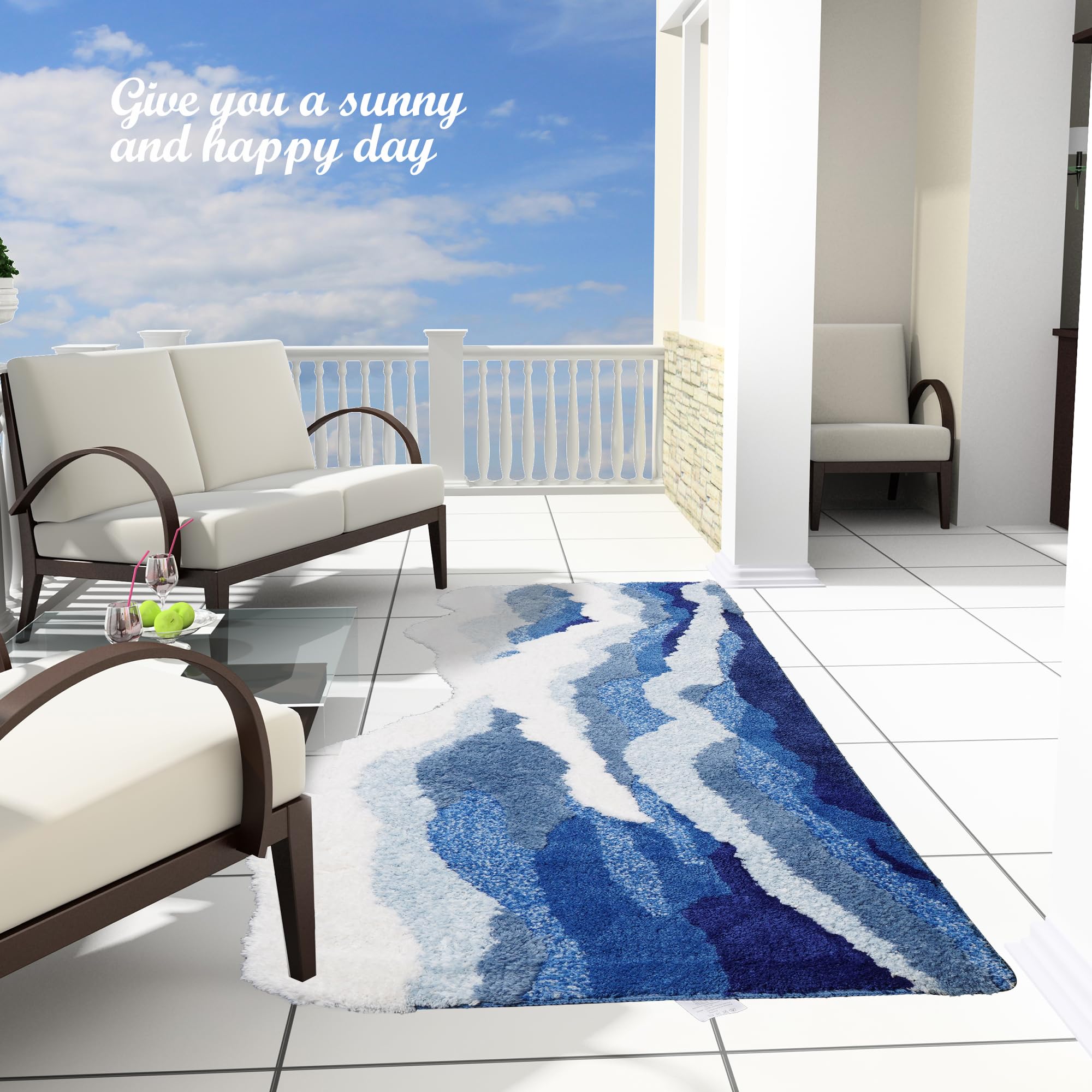 Loyeeho Wave Rug Ocean Rug Wavy Bathroom Rug Romantic Carpet Washable Blue Bath Mat 3D Microfiber Rug with Non-Slip Backing (32"x20")