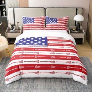 100% nature cotton boys sports theme duvet cover,hand draw lacrosse sticks ball bedding set for beedroom decor,retro american flag blue red white all season bedding with zipper closure queen size