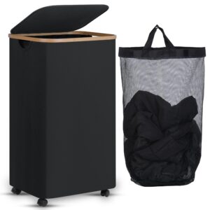 efluky laundry basket with wheels, rolling laundry basket with lid and removable bag, dirty clothes basket with wheels for laundry room, bedroom & bathroom, 100l (26.4 gallon) black