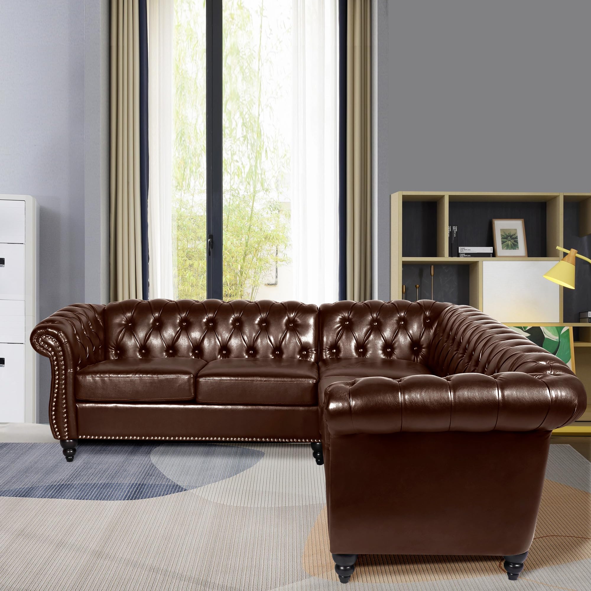 L Shaped Small Sectional Sofa, Chesterfield Leather Couch Tufted Accent Sofa with Scroll Arms and Nailhead for Living Room, Office (Dark Brown)