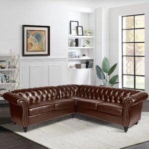 l shaped small sectional sofa, chesterfield leather couch tufted accent sofa with scroll arms and nailhead for living room, office (dark brown)