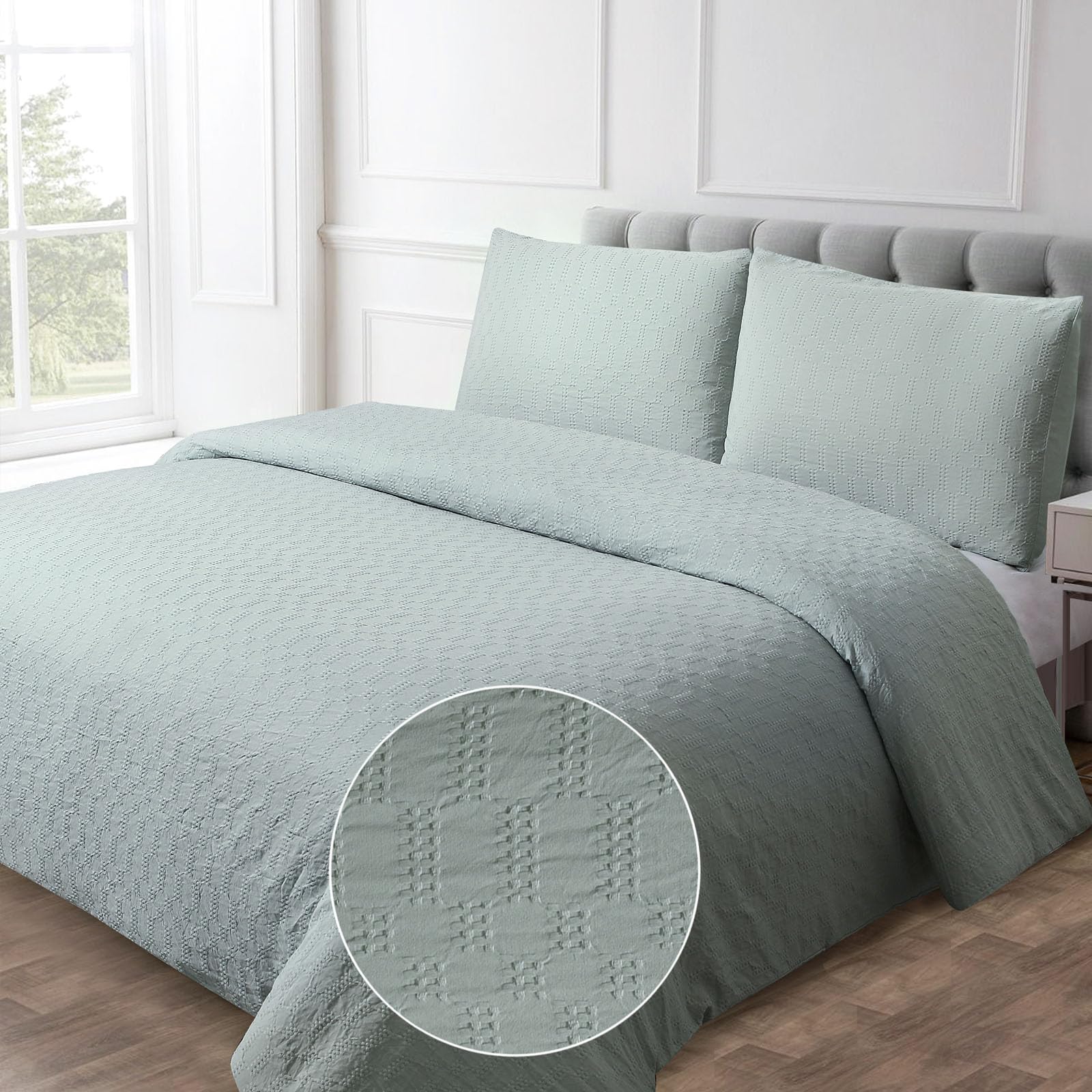 YINFUNG Sage Green Duvet Cover Waffle Weave Textured Tufted Bedding Set Waffle Knit Farmhouse Washed Microfiber 90x90 Soft Geometric