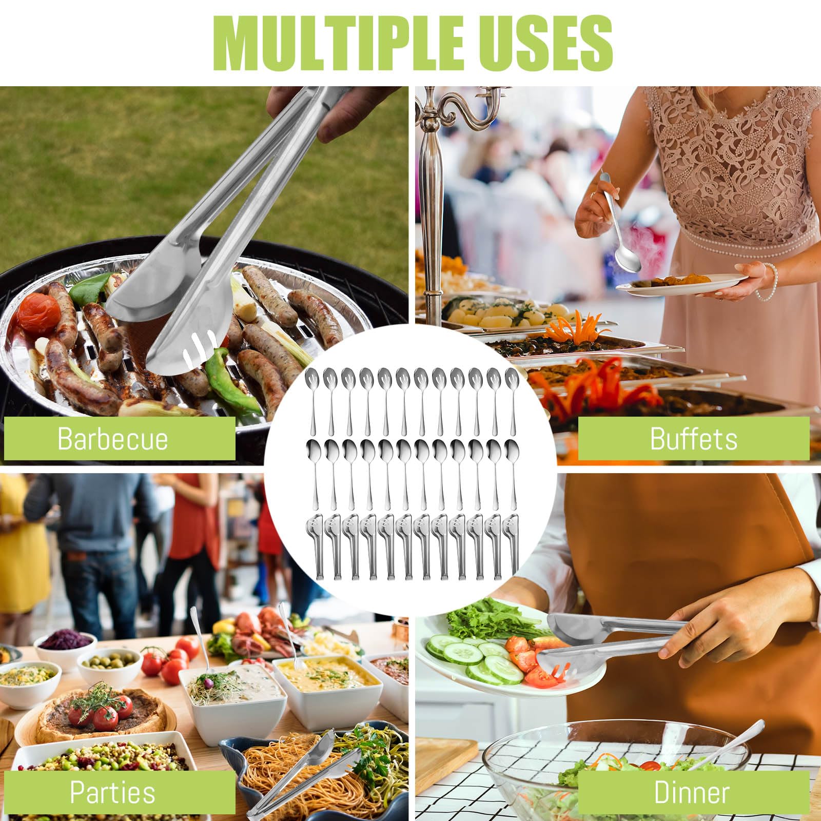 Sabary 36 Pcs Stainless Steel Serving Utensils for Buffet Parties Including 12 Serving Spoons 12 Slotted Spoons 12 Serving Tongs Large Metal Flatware Set for Tanksgiving Catering Banquet(Silver)