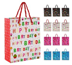 fizzy and folly, birthday gift bags with handles - pack of 12, assorted birthday gift bags for kids | goodie bags for birthday party | party bags for return gift, treat bags | reusable gift bag