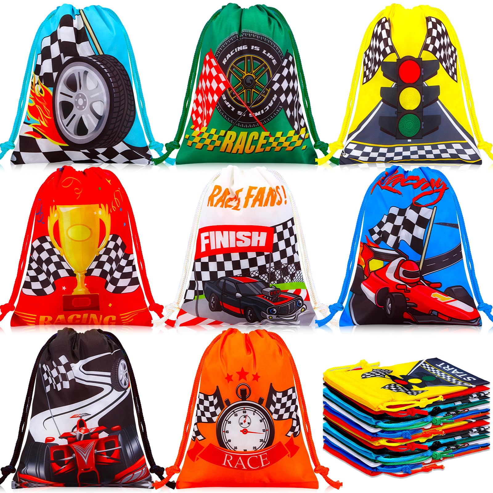 Paterr 24 Pcs Race Car Party Favor Goodie Bags Racing Drawstring Bags Race Car Gift Bags Candy Treat Bags for Boys Car Theme Birthday Baby Shower Decor Supplies, 7.09 x 5.12 Inches