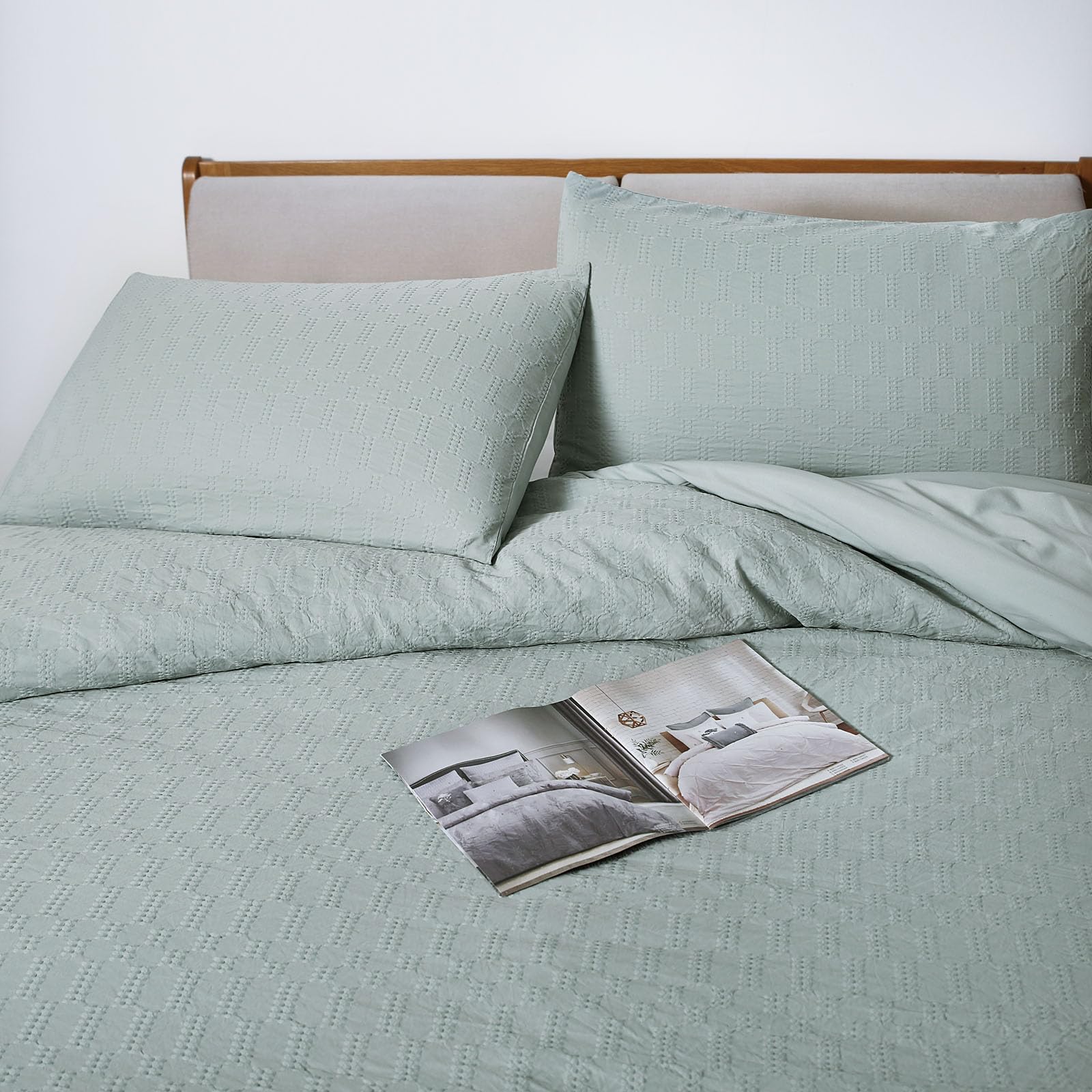 YINFUNG Sage Green Duvet Cover Waffle Weave Textured Tufted Bedding Set Waffle Knit Farmhouse Washed Microfiber 90x90 Soft Geometric