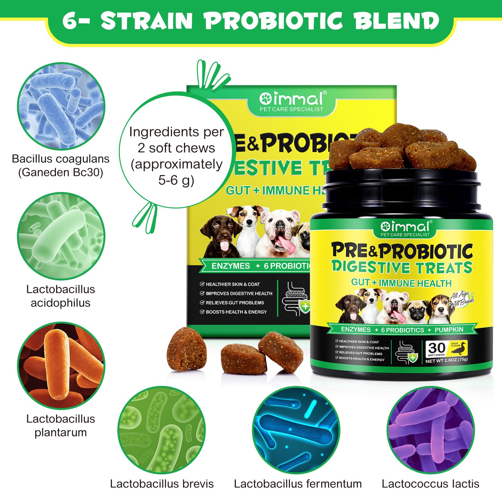 Probiotics for Dogs (Duck 30PCS), Probiotic Chews for Dogs with Digestive Enzymes, Dog Probiotics for Yeast, Itchy Skin, Anti Diarrhea, Gut Digestive Health, Allergy & Immune Support - for All Breeds