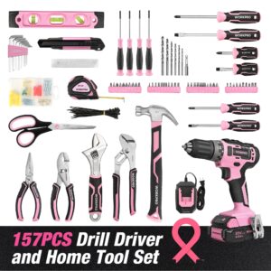 WORKPRO Pink Drill Set with UPGRADED Tool Bag, 157PCS Tool Kit For Home with 20V Cordless Drill Driver, Household Pink Tool Set including Screwdriver, Hammer, Tool Kit for Women and Men-Pink Ribbon