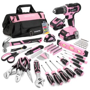 workpro pink drill set with upgraded tool bag, 157pcs tool kit for home with 20v cordless drill driver, household pink tool set including screwdriver, hammer, tool kit for women and men-pink ribbon