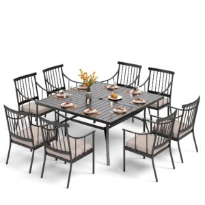 phi villa 9 pieces outdoor dining table set for 8, 60” square wrought iron dining table & heavy-duty steel dining chairs with cushions, large dining furniture set for patio, deck, yard, porch