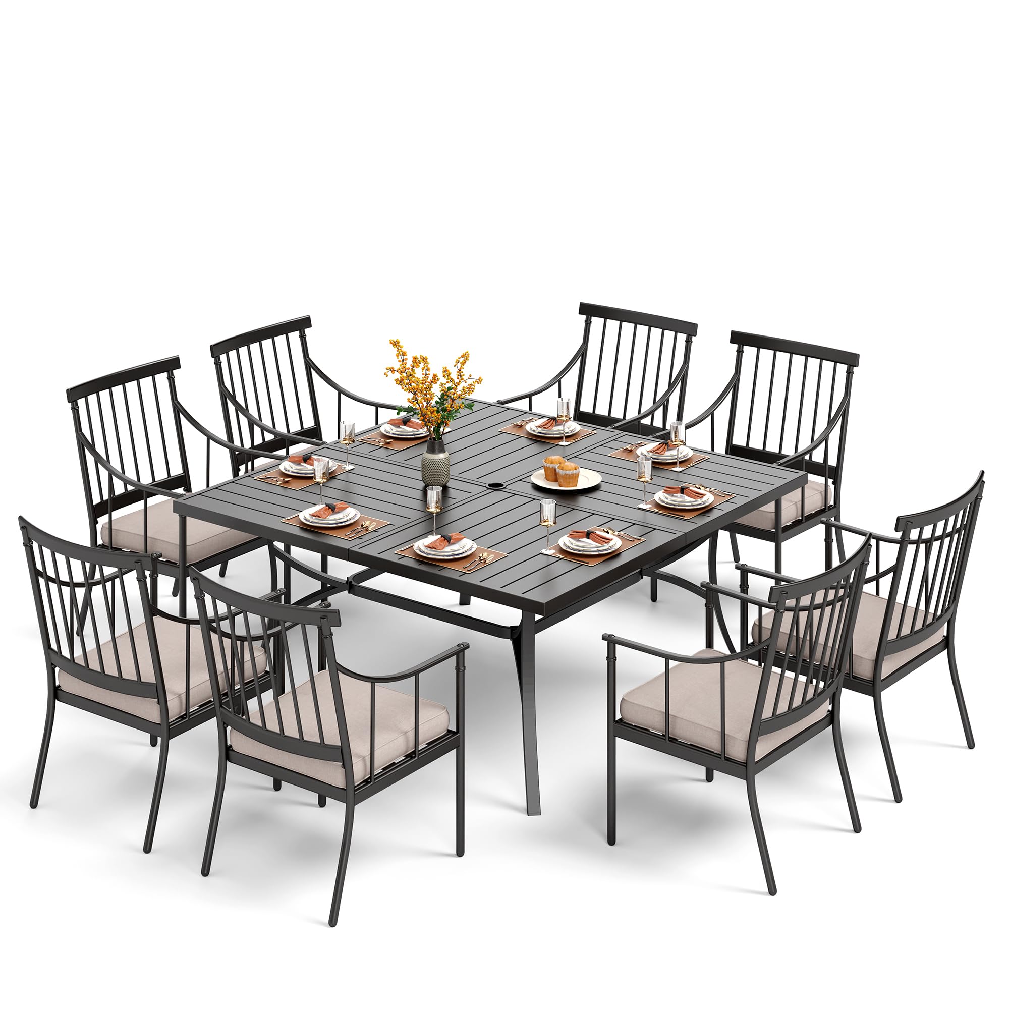 PHI VILLA 9 Pieces Outdoor Dining Table Set for 8, 60” Square Wrought Iron Dining Table & Heavy-Duty Steel Dining Chairs with Cushions, Large Dining Furniture Set for Patio, Deck, Yard, Porch