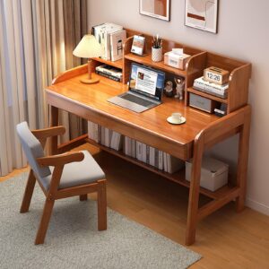 solid wood writing desk, mid-century modern computer desk with hutch and 2 drawers,simple study table home office workstation with open storage shelf(80x60x105cm(31x24x41in), walnut)