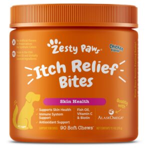 zesty paws itch relief for dogs - for itching skin & coat health - omega-3 fish oil with epa & dha - dog bites supplement with vitamin c & e for antioxidant support - chicken flavor - 90 count