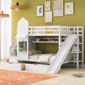 CITYLIGHT Castle Bunk Bed Twin Over Twin,Wooden Bunk Beds with Slide and Storage Stairs,Space Saving Twin Bunk Bed with 2 Drawers and 3 Shelves,Kids Bunk Bed for Girls Boys,White