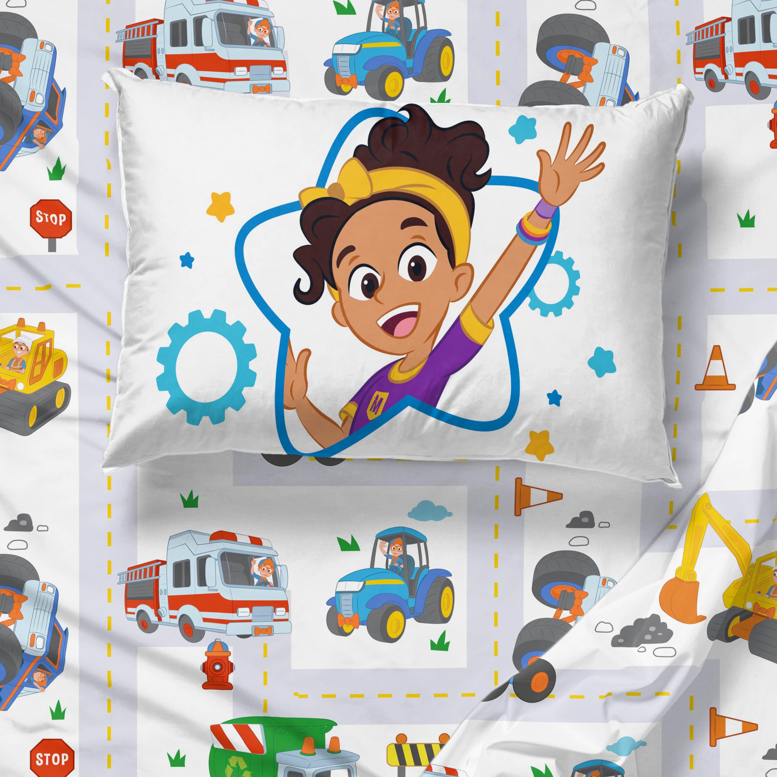 Jay Franco Blippi & Meekah Trucks Sheet Set - Toddler Size Sheet Set - Super Soft Kids Cartoon Vehicles 3 Piece Bedding Set - Microfiber Sheets