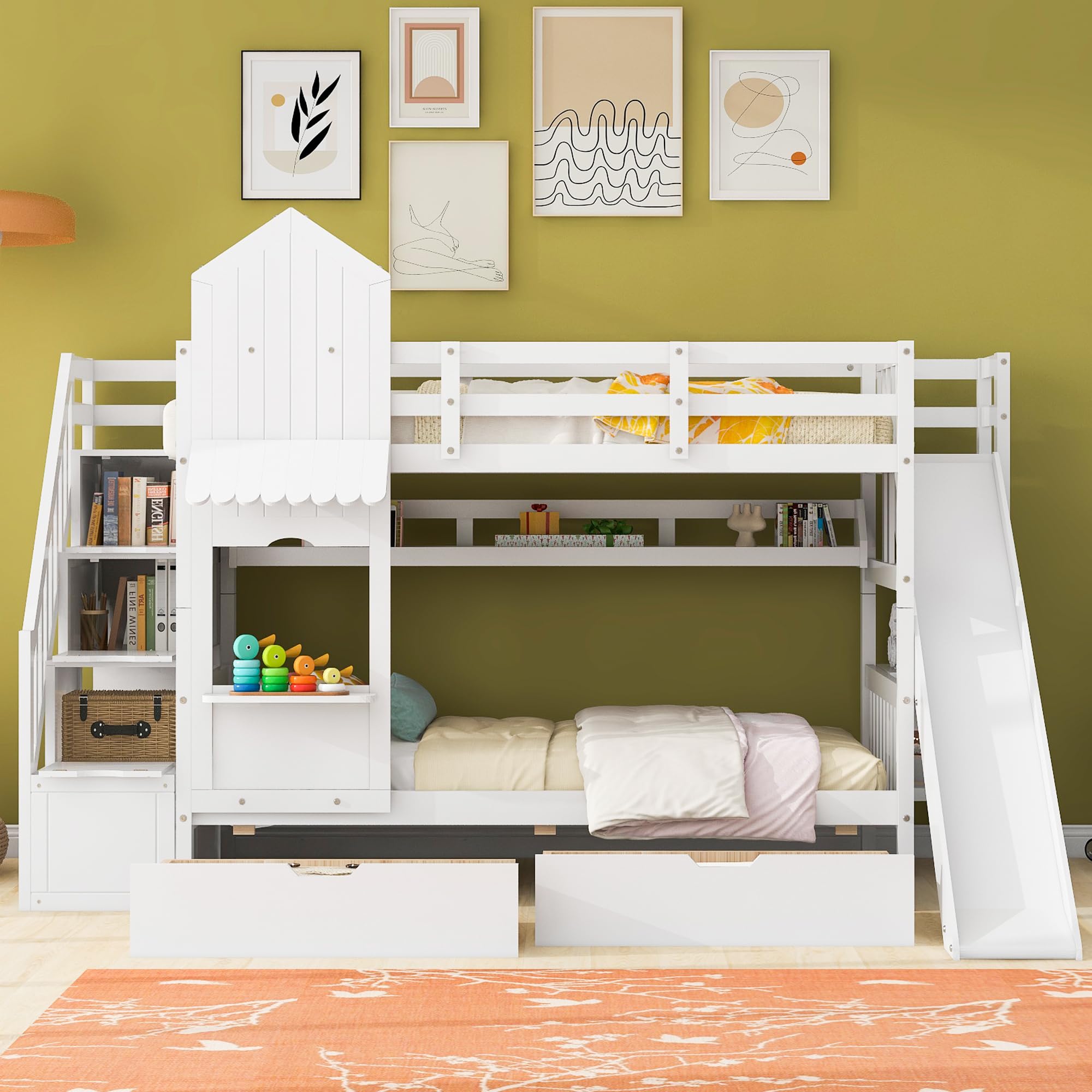 CITYLIGHT Castle Bunk Bed Twin Over Twin,Wooden Bunk Beds with Slide and Storage Stairs,Space Saving Twin Bunk Bed with 2 Drawers and 3 Shelves,Kids Bunk Bed for Girls Boys,White