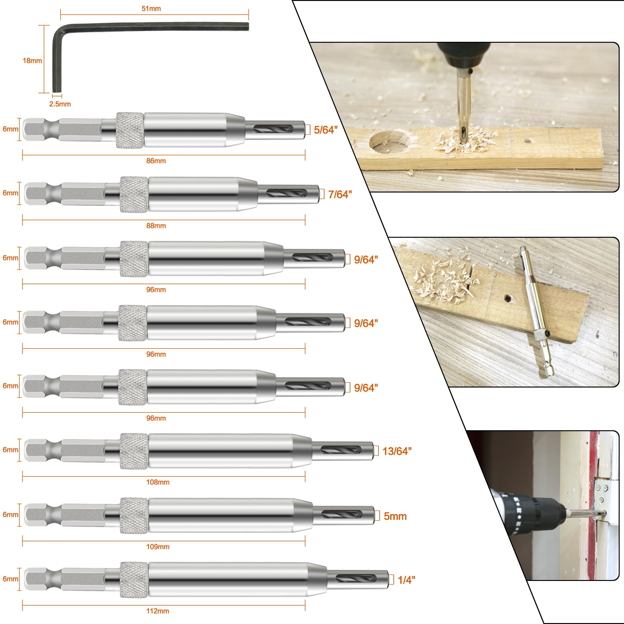 GMTOOLS 17pcs VIX Bits Self Centering Drill Bit Set, 1/4" Hex Shank Self Centering Hinge Tapper Core Drill Bit Set for Woodworking Window Door Hinge with 1 Hex Key & 8 Drill Bits 5/64"-1/4"