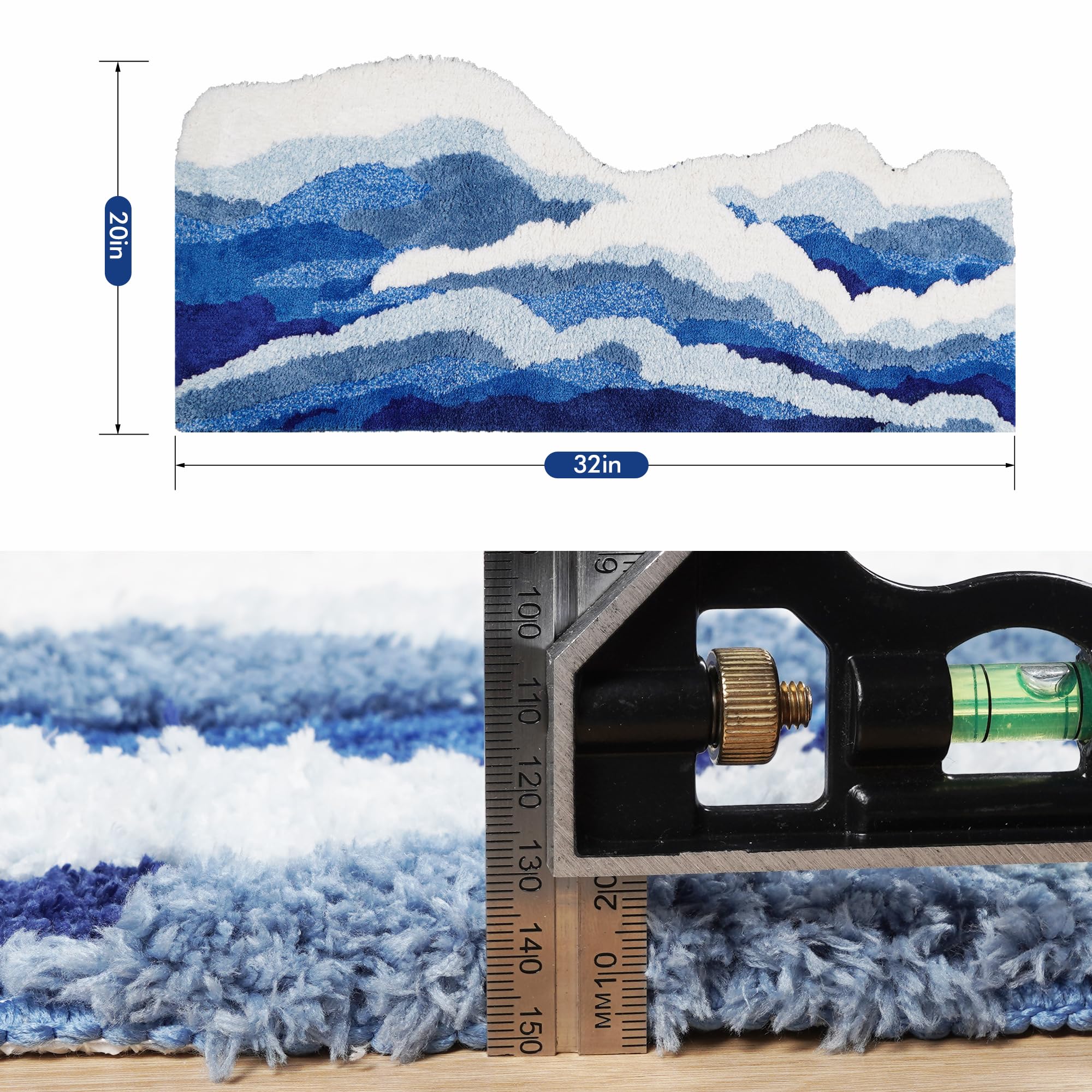 Loyeeho Wave Rug Ocean Rug Wavy Bathroom Rug Romantic Carpet Washable Blue Bath Mat 3D Microfiber Rug with Non-Slip Backing (32"x20")