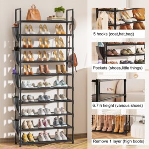 LUKYTOWER Tall Shoe Rack 10 Tier Shoe Organizer Racks for Closet Shoes Rack, Storage Metal Shoe Shelf with 5Hooks and Pocket,Sturdy Shoe Stand Tower Rack for Shoes