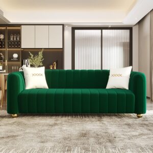 anttybale 83'' velvet sofa for living room modern comfy couch 3-seater apartment sofa with 2 pillows & golden metal legs (green)