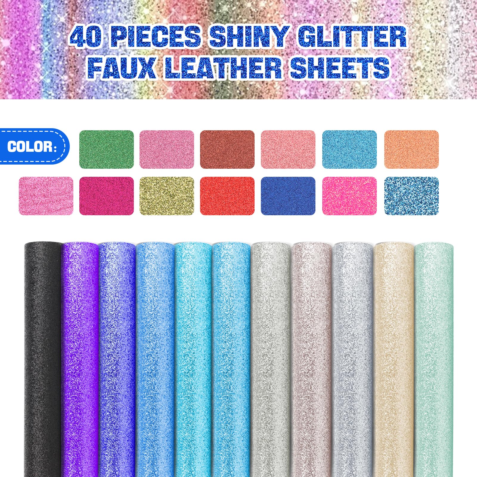 40 Pieces 8 x 11.8 Inches Shiny Glitter Faux Leather Sheets Glitter Fabric Faux PU Leather Sheets for Crafts,Making Bows, Earrings,DIY Crafts Decoration Supplies (20x30cm)