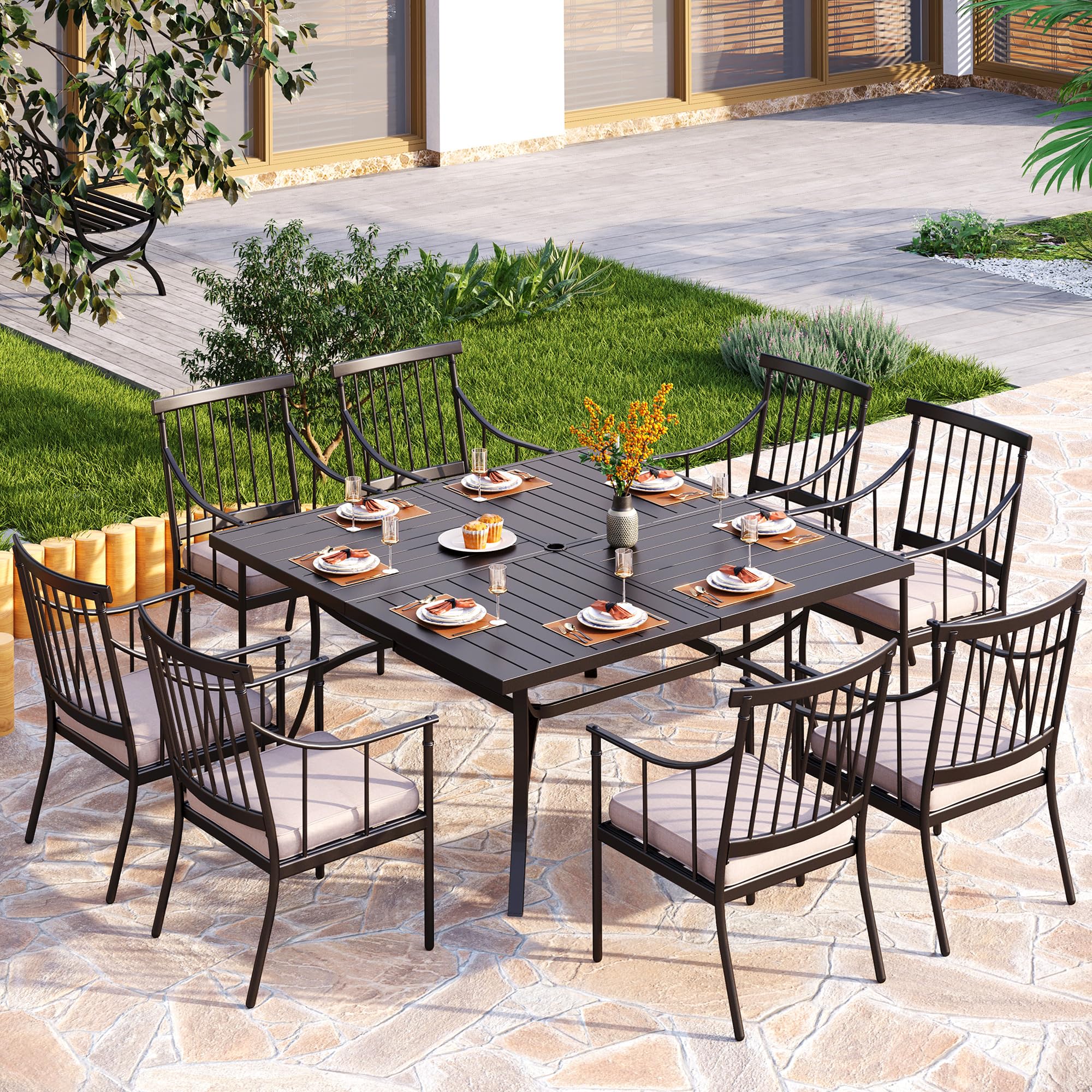 PHI VILLA 9 Pieces Outdoor Dining Table Set for 8, 60” Square Wrought Iron Dining Table & Heavy-Duty Steel Dining Chairs with Cushions, Large Dining Furniture Set for Patio, Deck, Yard, Porch