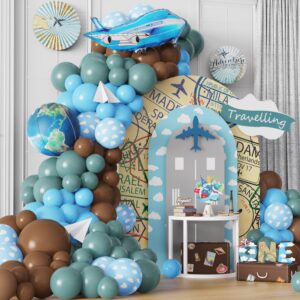 pageebo travel themed party balloon arch kit 131pcs dusty blue coffee balloon with globe plane aluminium balloon for time flies 1st birthday party birthday party retirement farewell party decorations