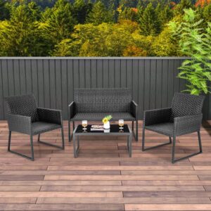 Tangkula 4 Pieces Wicker Patio Furniture Set with Quick Dry Foam, Patiojoy All Weather Resistant Outdoor Conversation Set, for Backyard, Poolside, Deck, Balcony, Garden (1, Mix Brown)