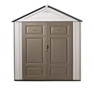 Rubbermaid Resin Outdoor Storage Shed With Floor (7 x 3.5 Ft.), Weather Resistant, Brown/Grey, Organization for Home/Lawn Mower/Backyard Equipment/Bike Storage/Pool Supplies