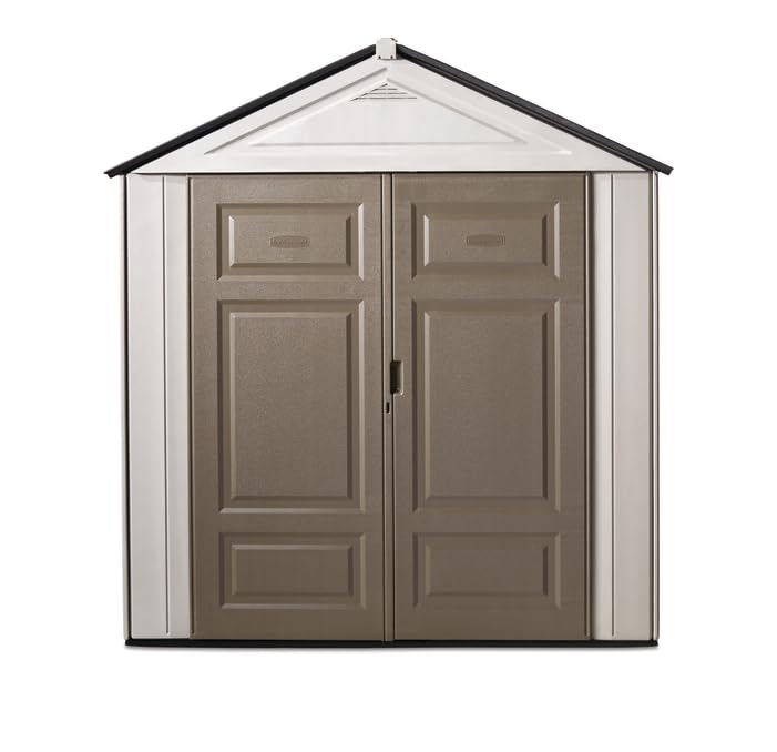 Rubbermaid Resin Outdoor Storage Shed With Floor (7 x 3.5 Ft.), Weather Resistant, Brown/Grey, Organization for Home/Lawn Mower/Backyard Equipment/Bike Storage/Pool Supplies